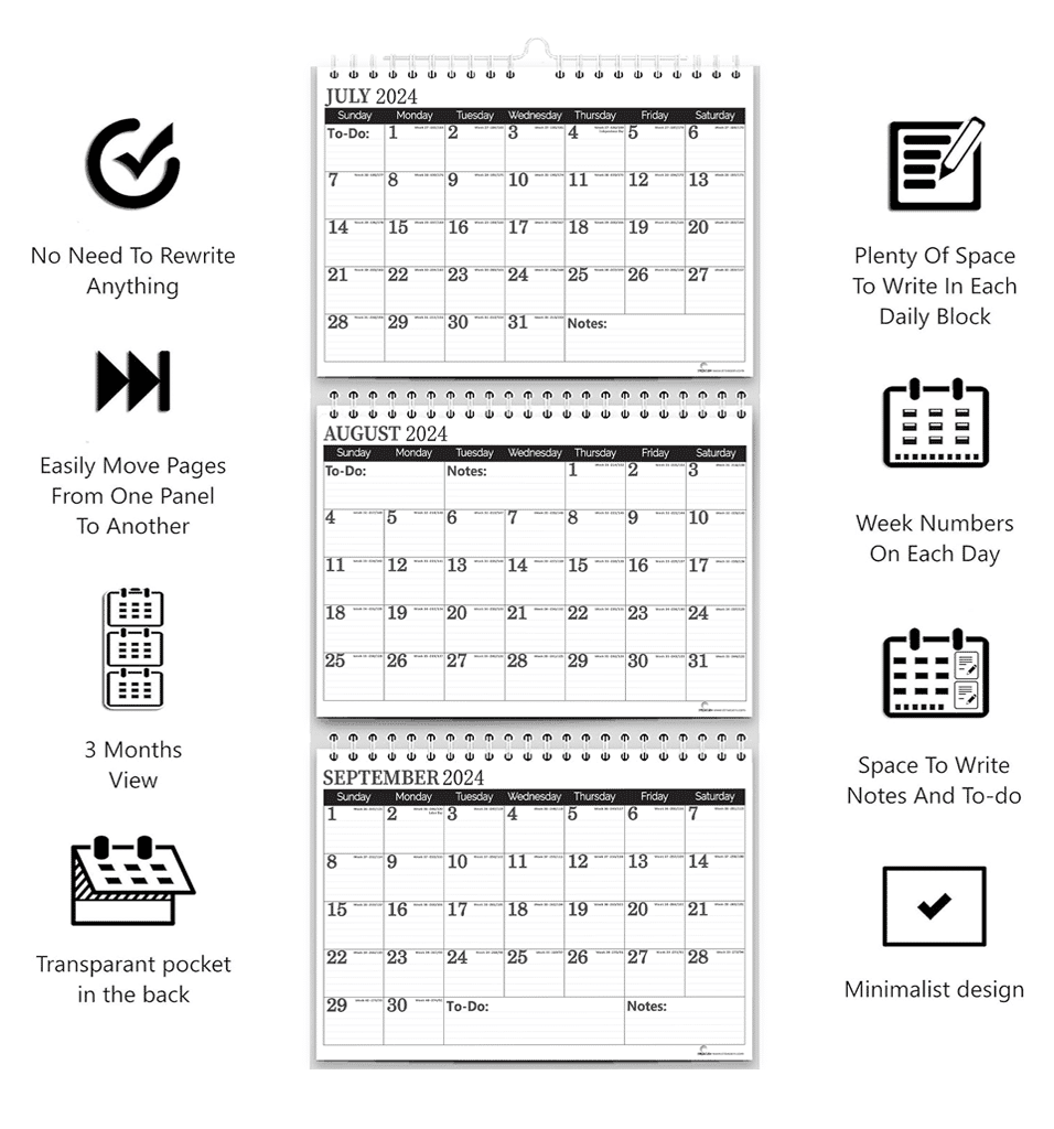 3-Month View Wall Calendar, Minimalist, 2024 - 2025 - StriveZen
